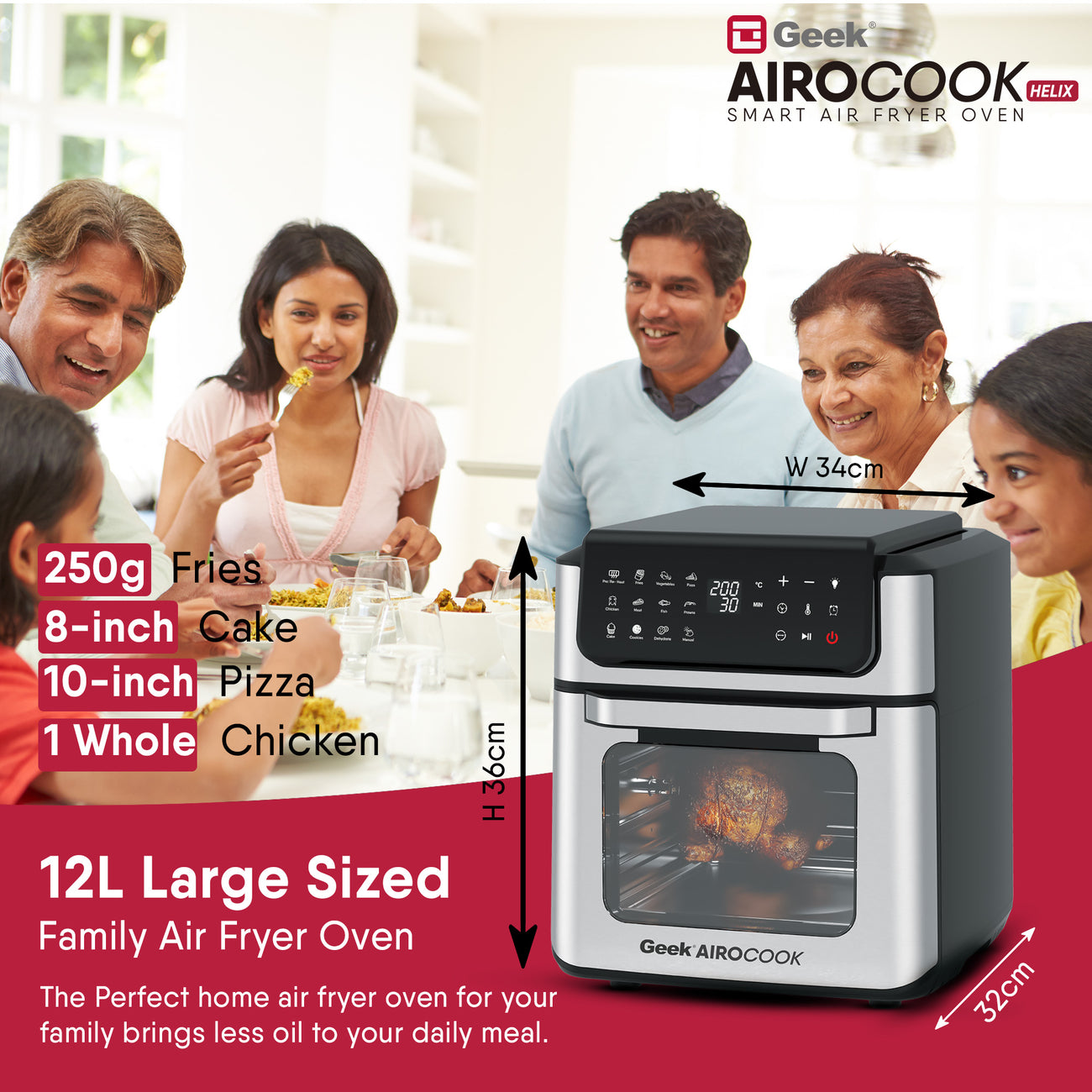 Geek AiroCook Helix 12 Litres 8-in-1 Digital Air fryer oven with In-bu